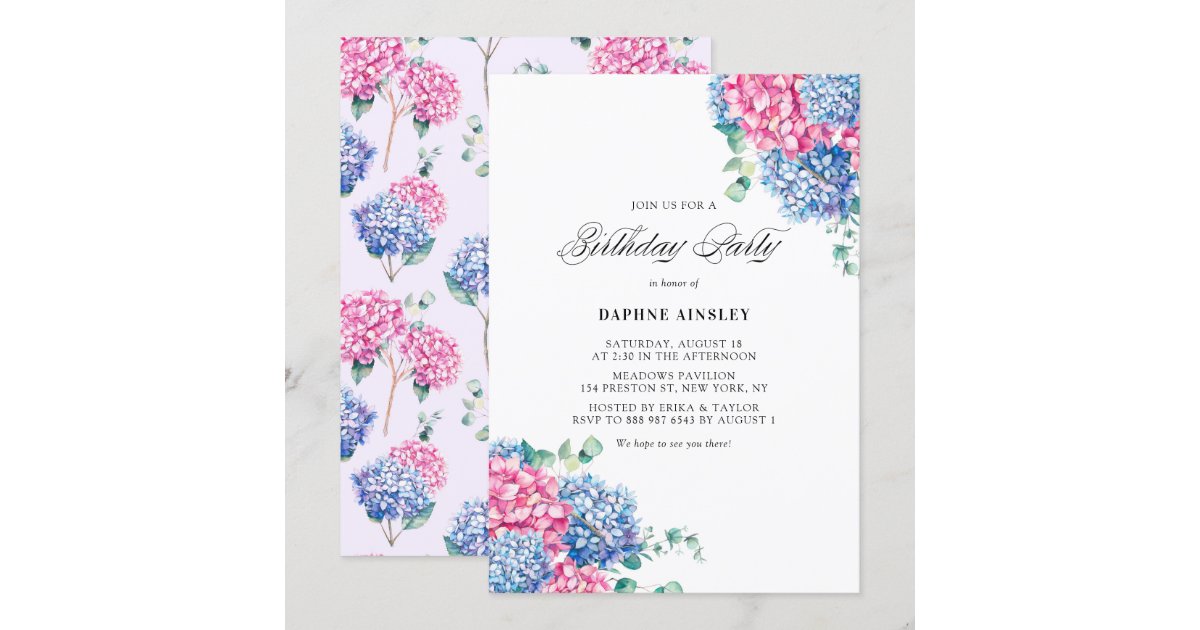 Watercolor Pink and Blue Hydrangeas Birthday Invitation | Zazzle