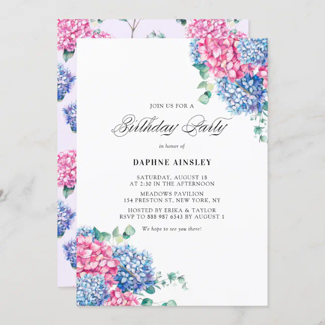 Watercolor Pink and Blue Hydrangeas Birthday Invitation | Zazzle