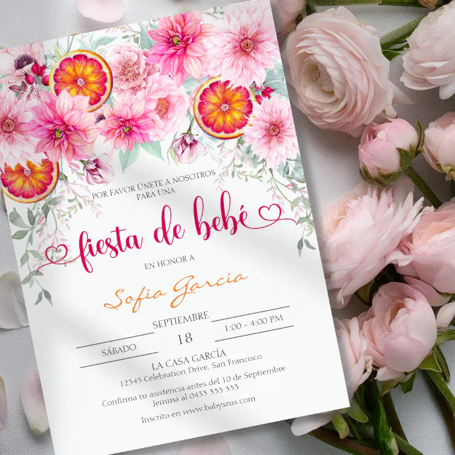 Watercolor Pink and Citrus Spanish Baby Shower Invitation | Zazzle