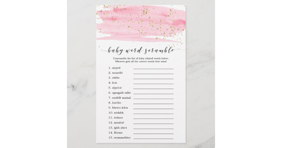 Watercolor Pink and Gold Baby Word Scramble Game Flyer | Zazzle