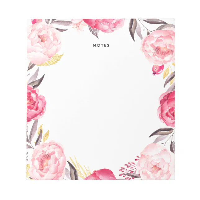 Watercolor Pink and Gold Peonies Wreath Notepad | Zazzle