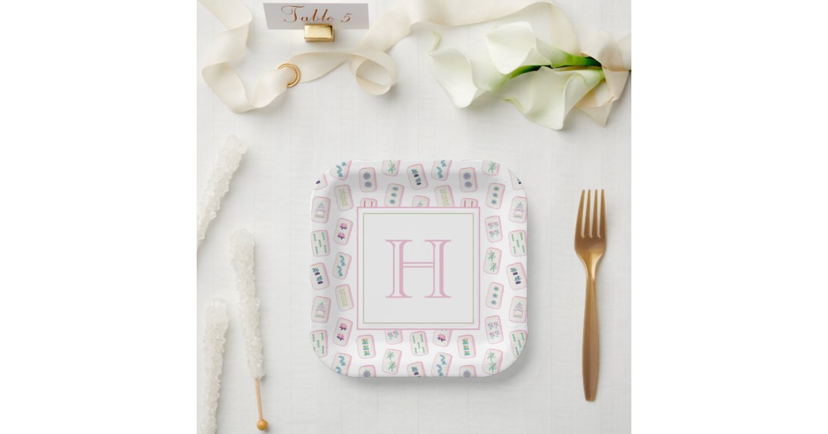 Watercolor Pink and Green Mahjong Tiles Monogram Paper Plates | Zazzle
