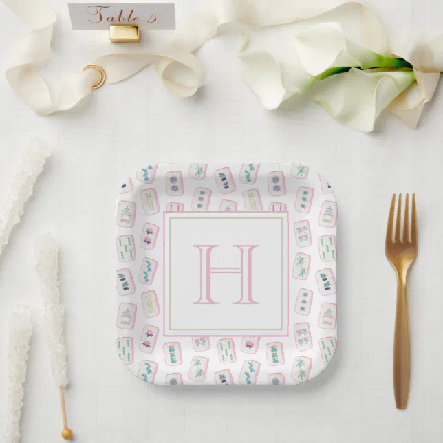 Watercolor Pink and Green Mahjong Tiles Monogram Paper Plates | Zazzle