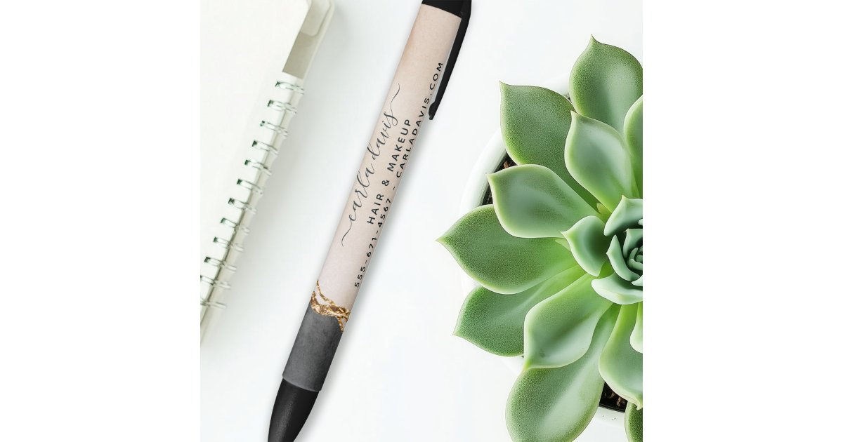 Watercolor Pink Black Gold Marble Script Salon Pen | Zazzle