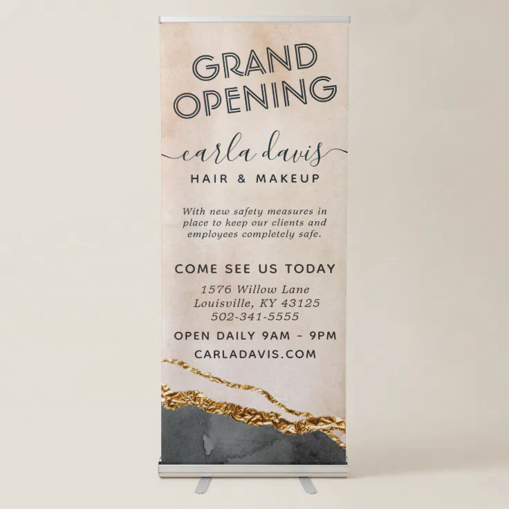 Watercolor Pink Black Gold Marble Script Salon Retractable Banner | Zazzle