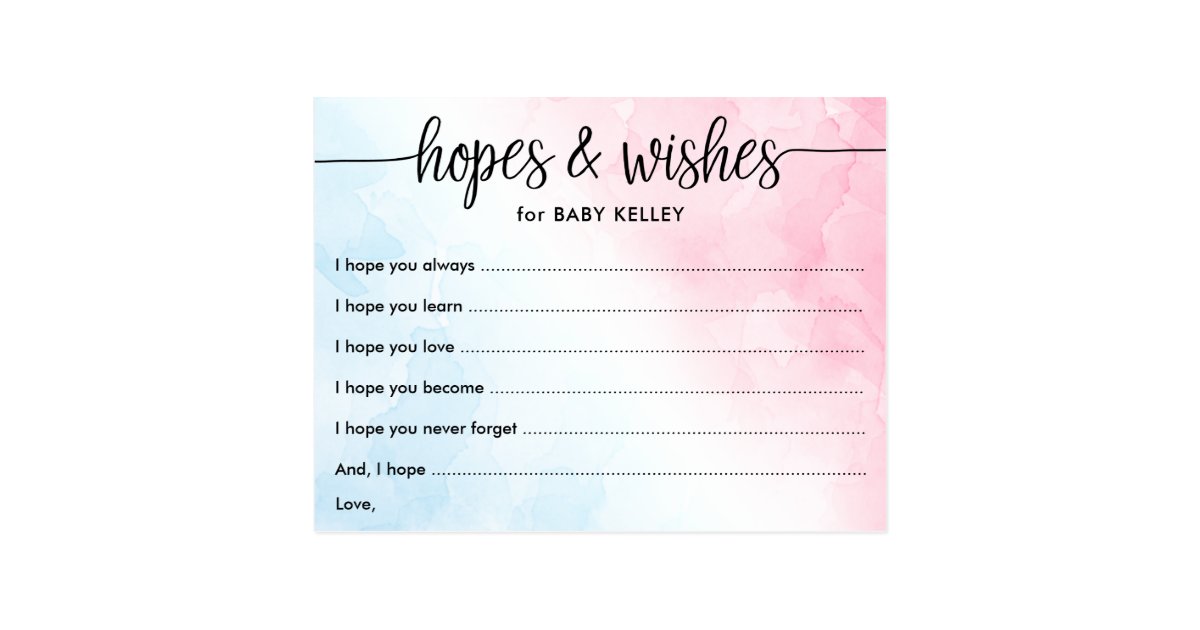 Watercolor Pink & Blue Baby Hopes & Wishes Card | Zazzle.com