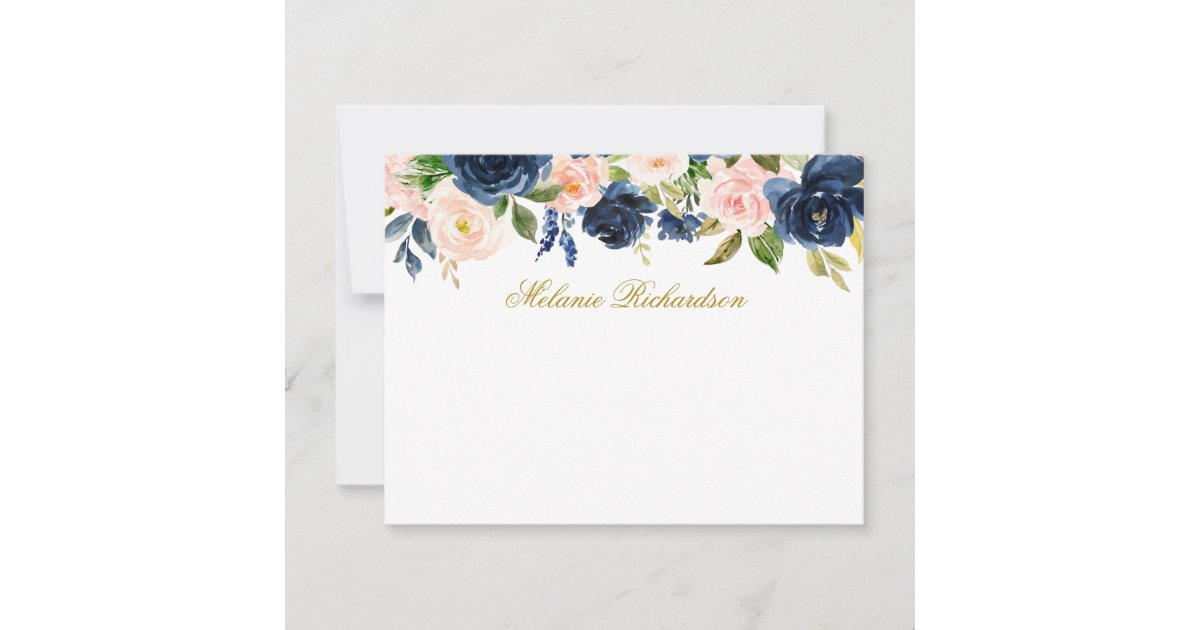 Watercolor Pink Blue Floral Personalized Gold Note Card | Zazzle