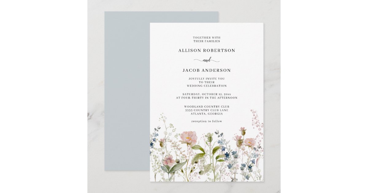 Watercolor Pink Blue Wildflower Floral Wedding Invitation | Zazzle
