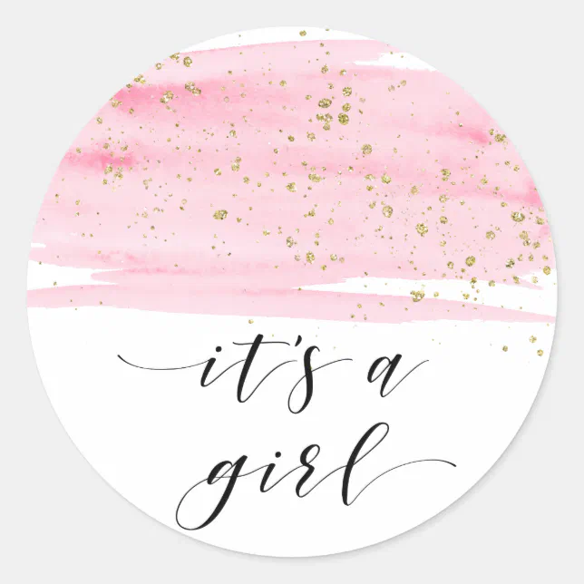 Watercolor Pink Blush and Gold Sparkle It's A Girl Classic Round ...