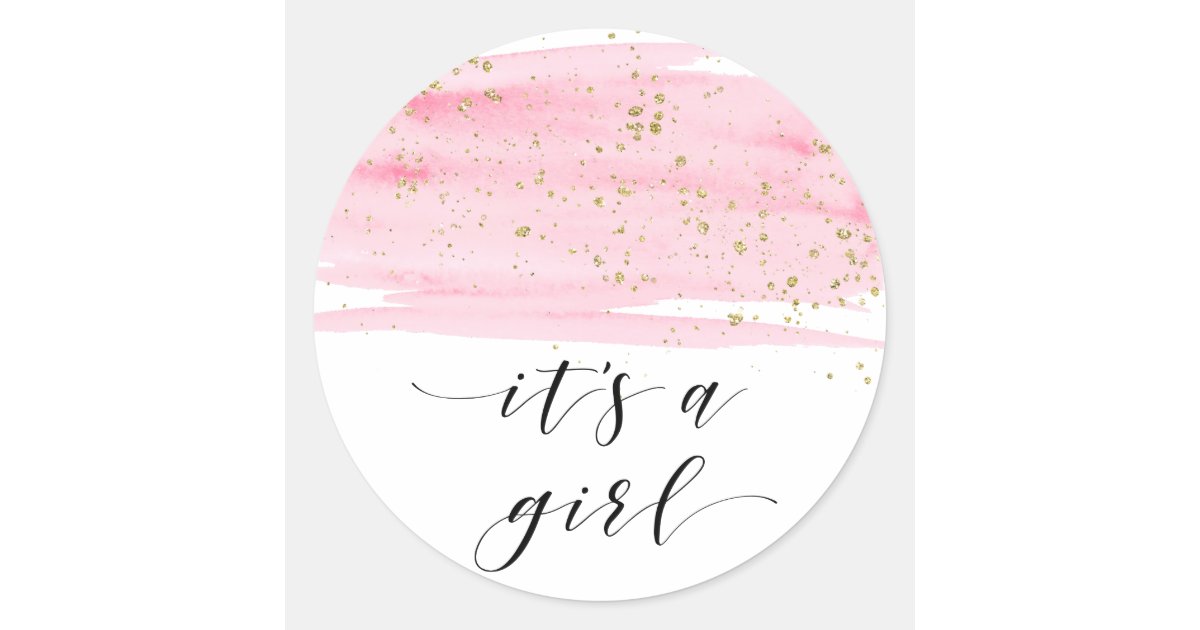Watercolor Pink Blush and Gold Sparkle It's A Girl Classic Round ...