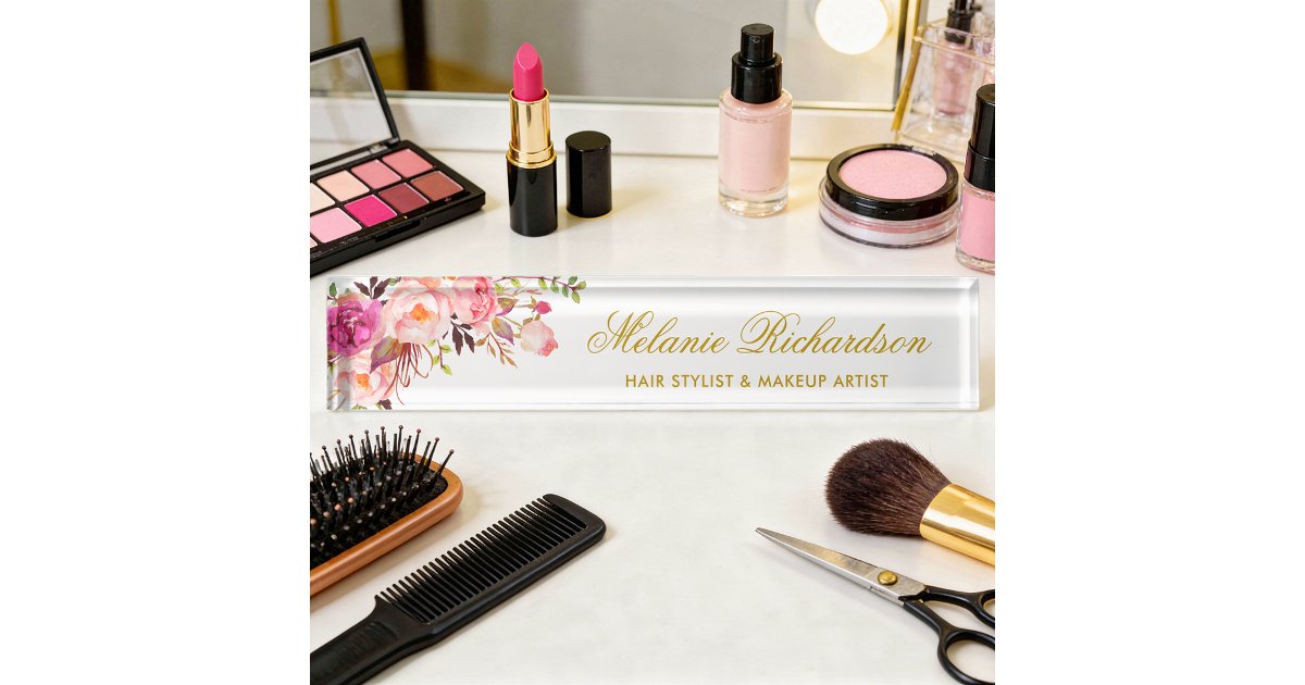 Watercolor Pink Blush Floral Gold Desk Name Plate | Zazzle