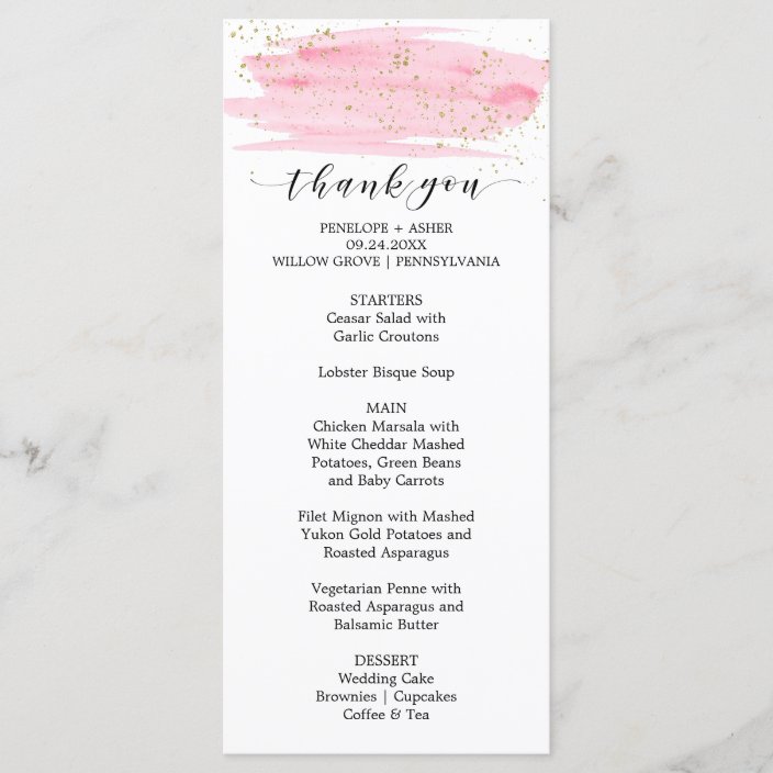 Watercolor Pink Blush & Gold Thank You Menu | Zazzle