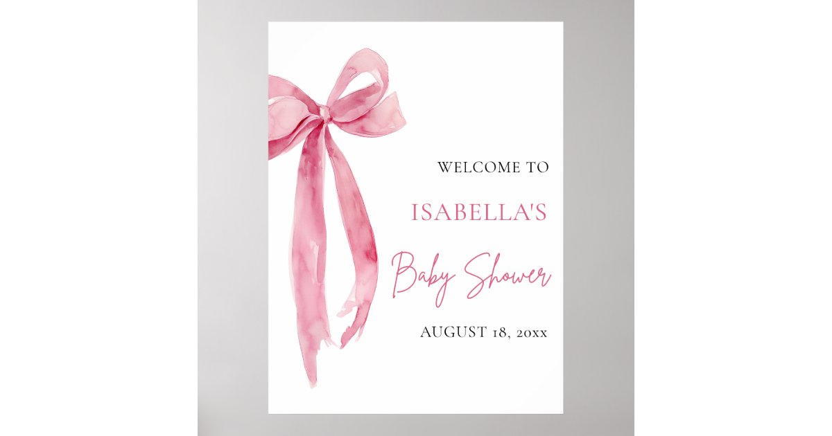 Watercolor Pink Bow Coquette Baby Shower Welcome Poster | Zazzle