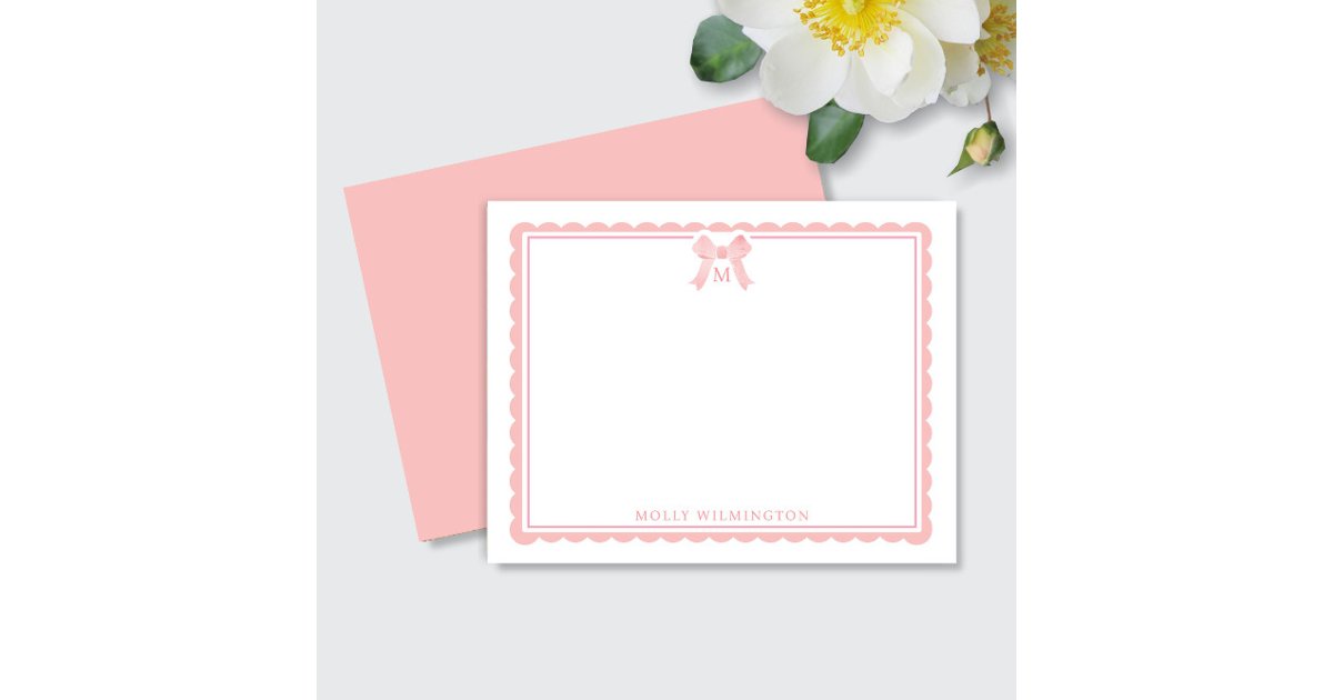 Watercolor Pink Bow Girly Preppy Monogram Note Card | Zazzle