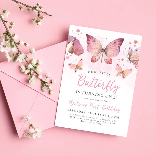 Watercolor Pink Butterfly First Birthday Invitation | Zazzle