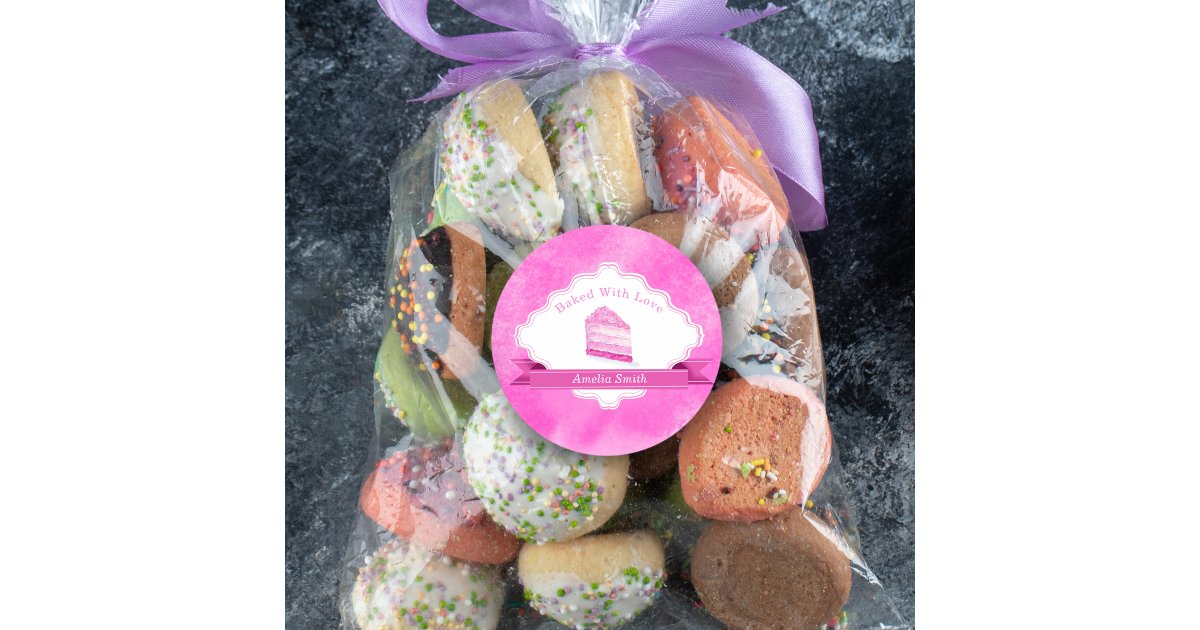 Watercolor Pink Cake Elegant Baked With Love Classic Round Sticker | Zazzle