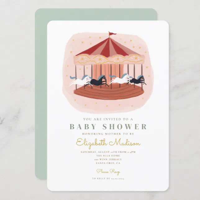 Watercolor pink Carousel Baby Shower Invitation | Zazzle