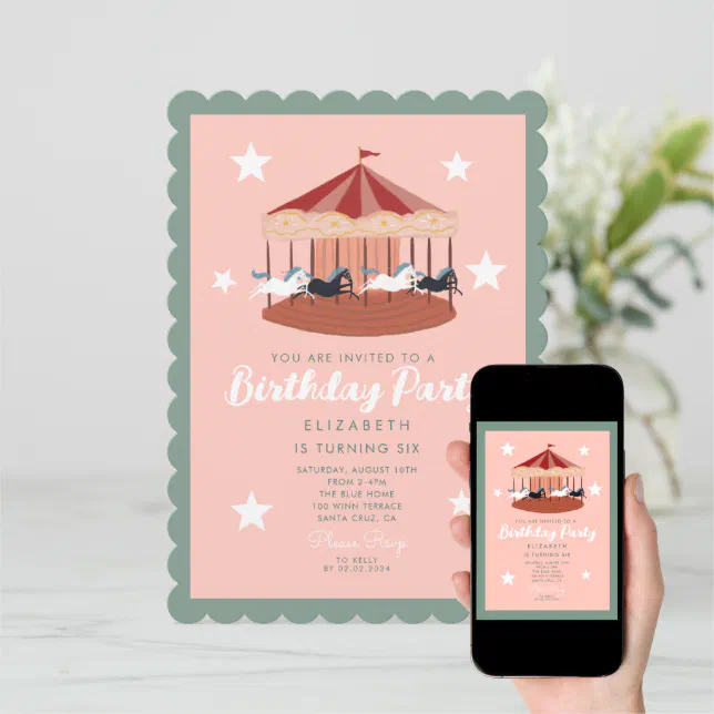 Watercolor pink Carousel Carnival Birthday Invitation | Zazzle