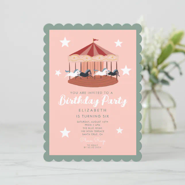 Watercolor pink Carousel Carnival Birthday Invitation | Zazzle