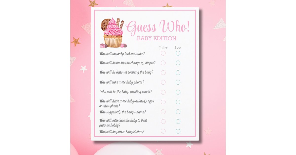 Watercolor Pink Cupcake Guess Who Baby Flyer | Zazzle