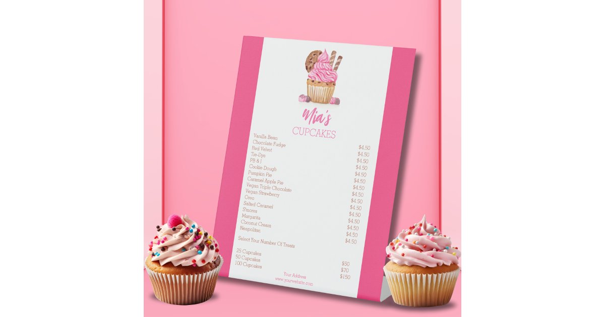 Watercolor Pink Cupcake With Cookie Bakery Pricing Pedestal Sign | Zazzle