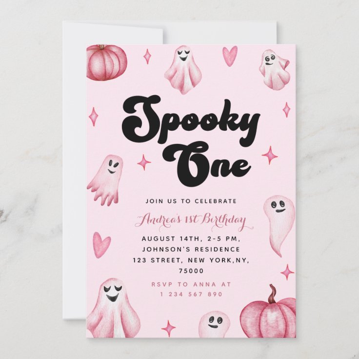 Watercolor Pink Cute Ghost Spooky One 1st Birthday Invitation | Zazzle