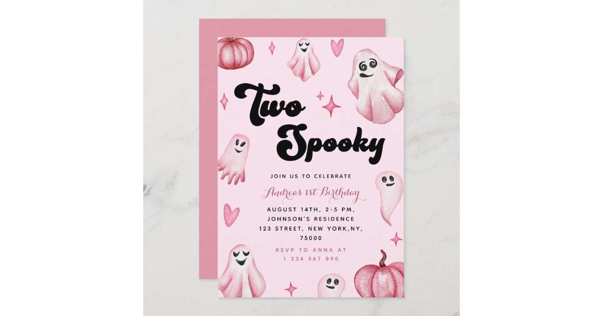 Watercolor Pink Cute Ghost Two Spooky 2nd Birthday Invitation | Zazzle