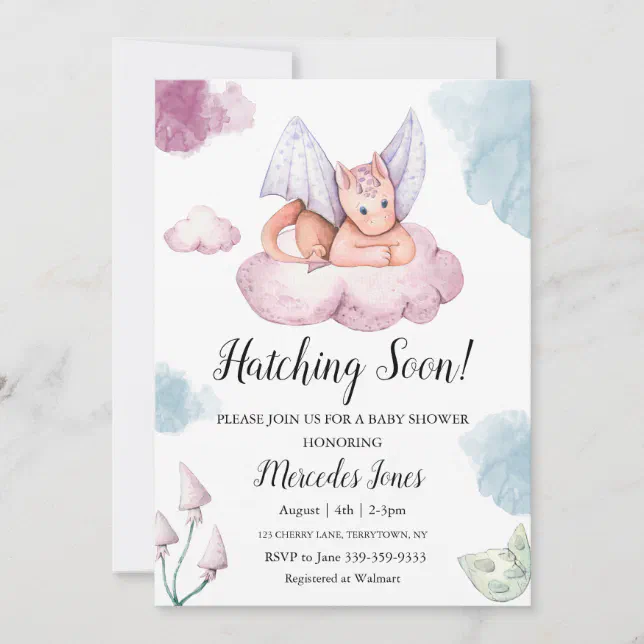 Watercolor Pink Dragon on Cloud Hatching Soon Invitation | Zazzle