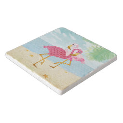 Watercolor Pink Flamingos on the Beach Trivet | Zazzle