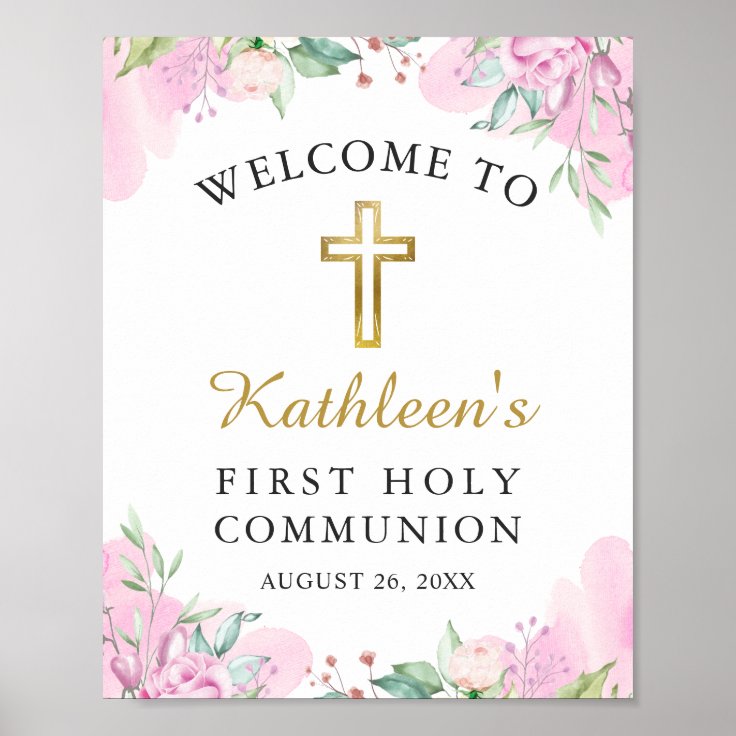 Watercolor Pink Floral 1st Holy Communion Welcome Poster | Zazzle