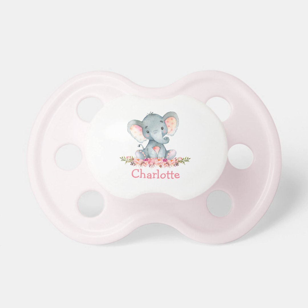 Watercolor Pink Floral Baby Elephant Pacifier | Zazzle