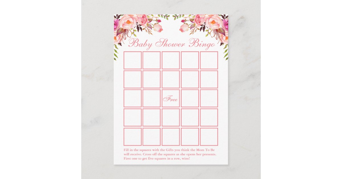 Watercolor Pink Floral Baby Shower Bingo Card | Zazzle
