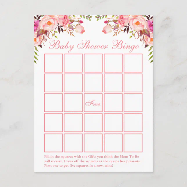 Watercolor Pink Floral Baby Shower Bingo Card | Zazzle