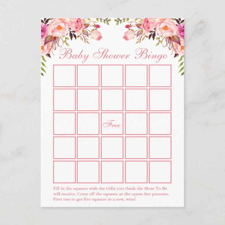 Watercolor Pink Floral Baby Shower Bingo Card | Zazzle