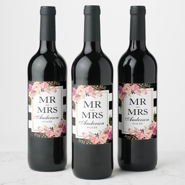 Watercolor Pink Floral Black White Striped Wine Label | Zazzle