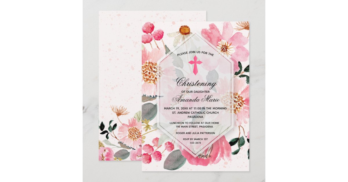 Watercolor Pink Floral Christening Invitation | Zazzle