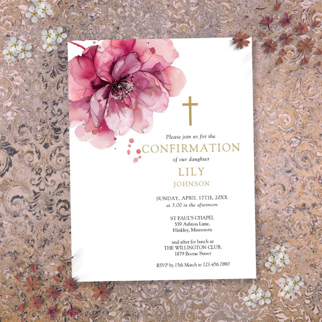 Watercolor Pink Floral Confirmation Invitation Postcard | Zazzle