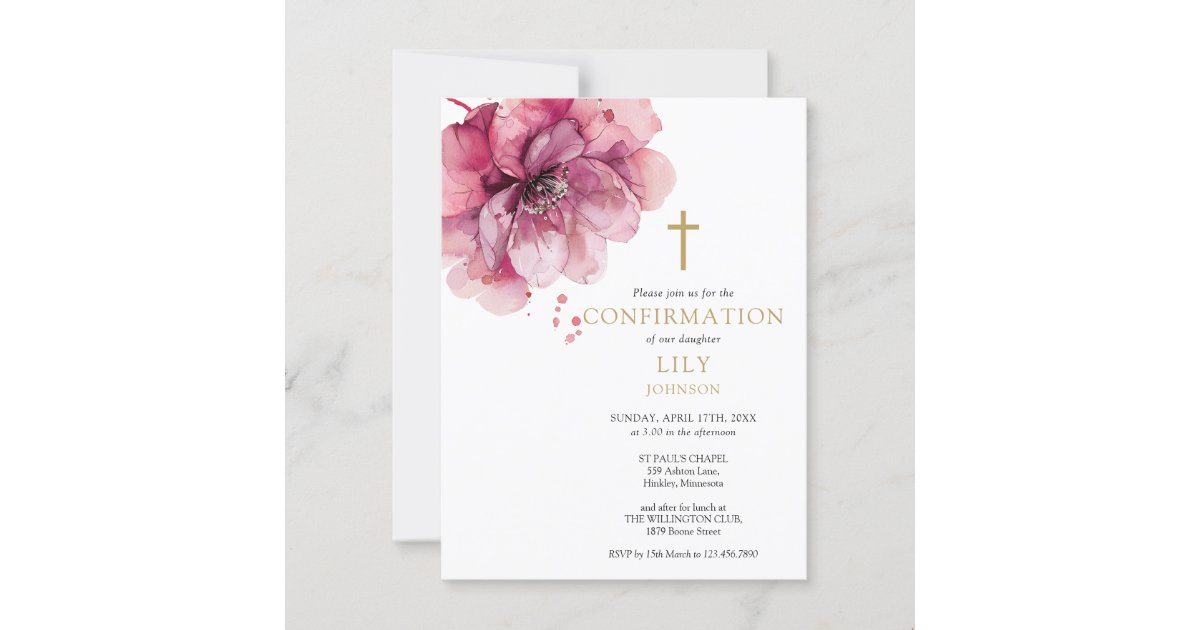Watercolor Pink Floral Confirmation Invitation Postcard | Zazzle