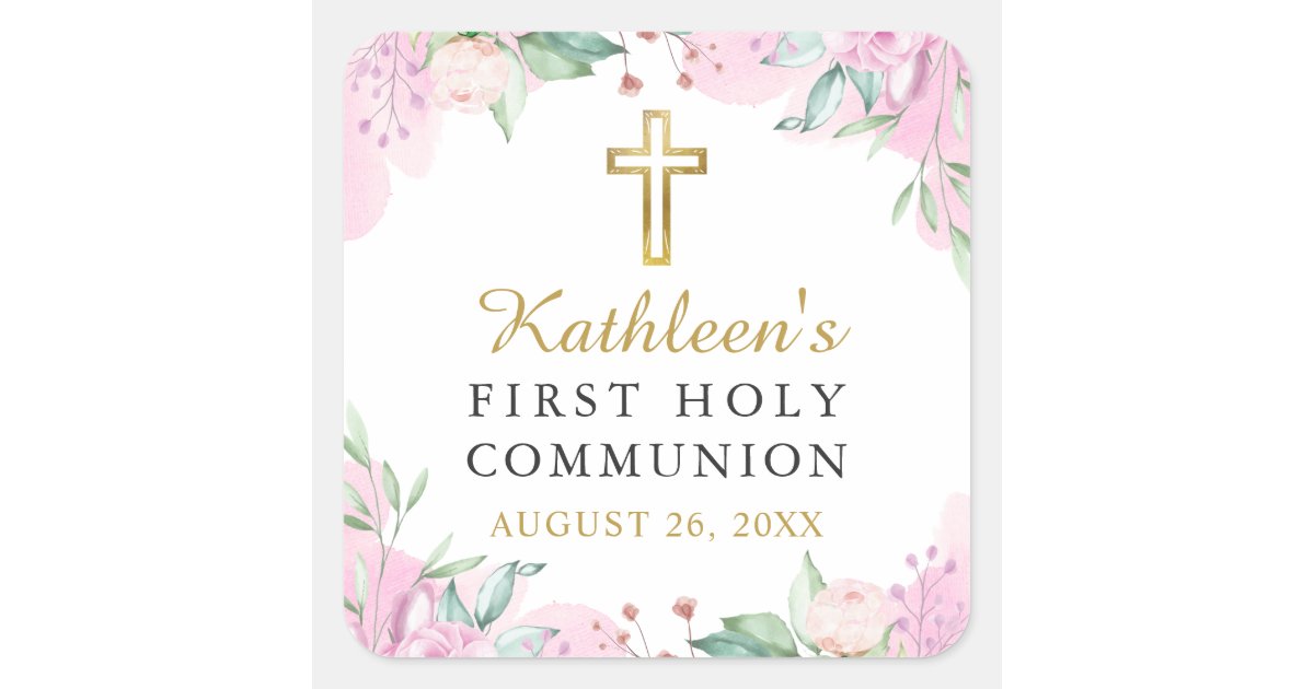 Watercolor Pink Floral First Holy Communion Square Sticker | Zazzle