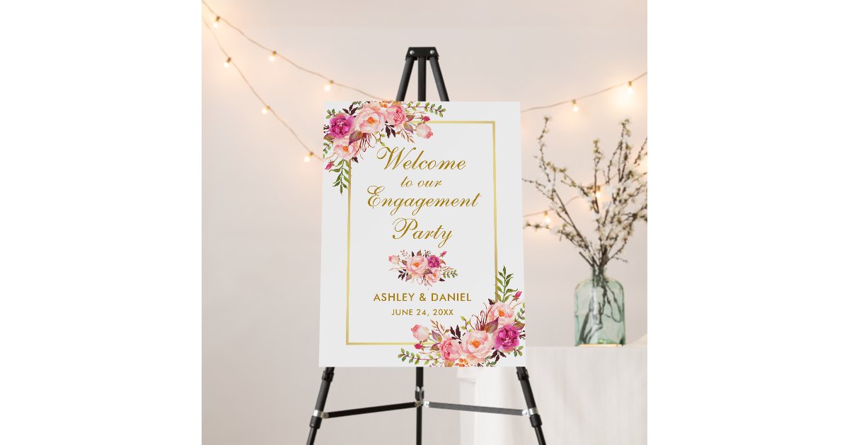 Watercolor Pink Floral Gold Engagement Party Foam Board | Zazzle