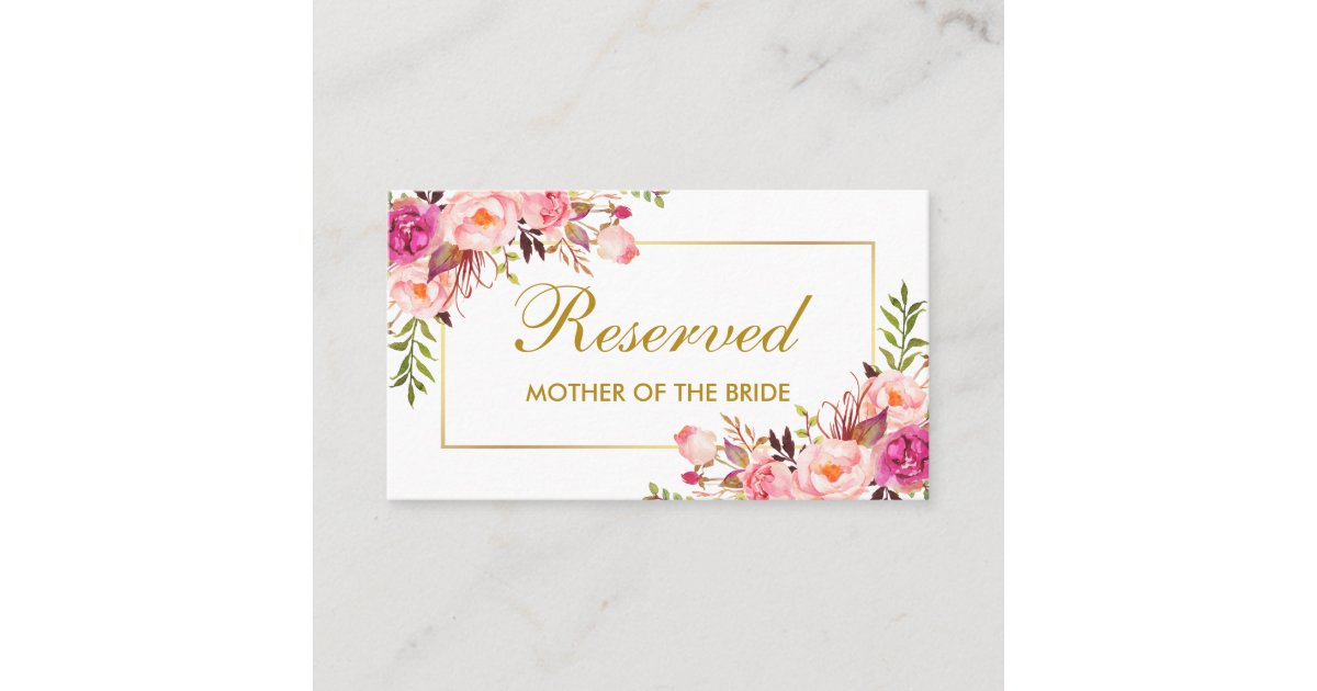 Watercolor Pink Floral Gold Wedding Reserved Name Place Card | Zazzle