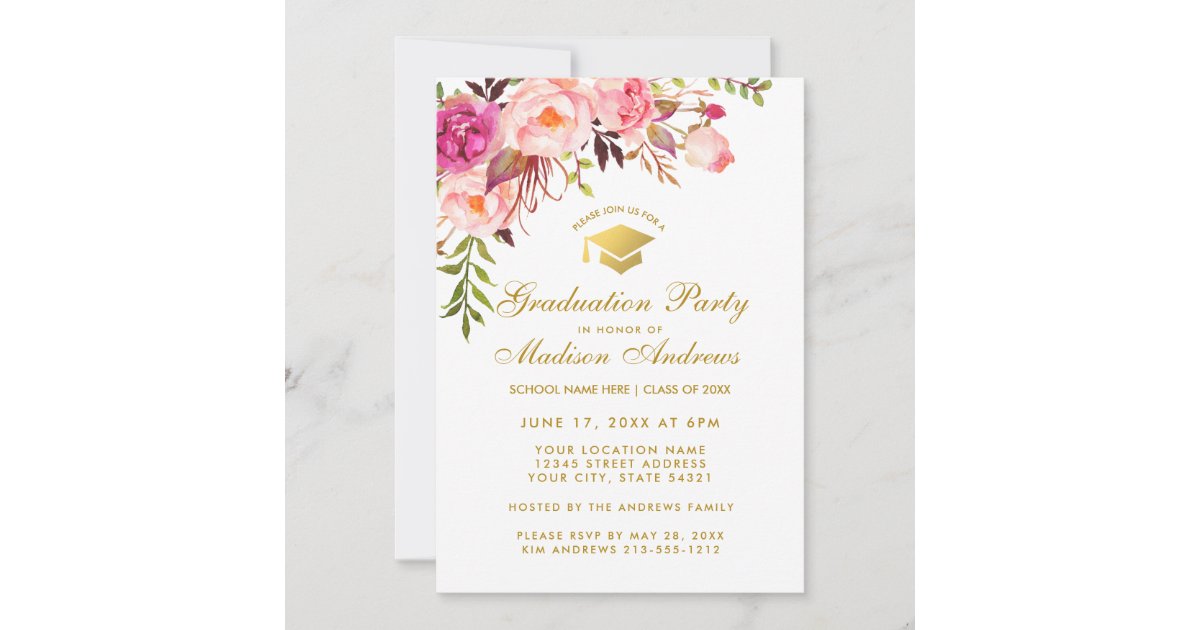 Watercolor Pink Floral Graduation Party Invite G | Zazzle