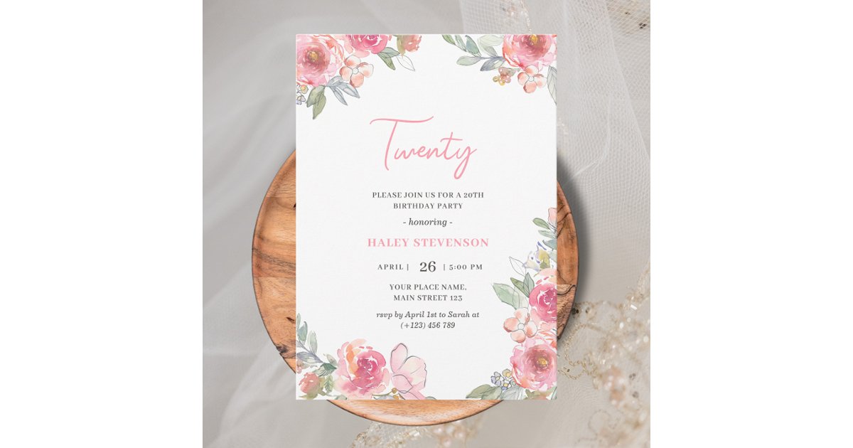 Watercolor Pink Floral Twenty Boho Chic Birthday Invitation | Zazzle