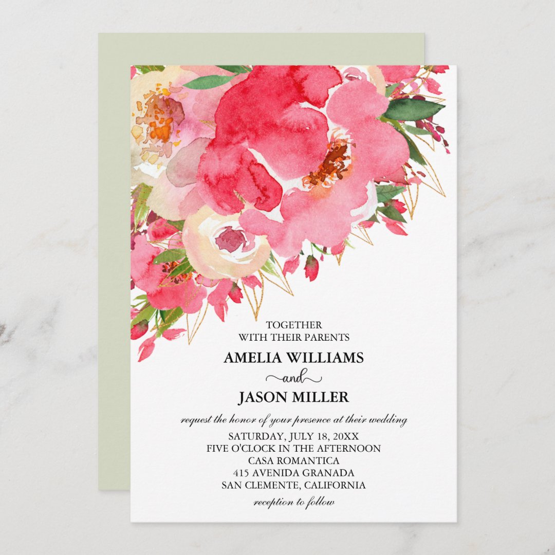 Watercolor Pink Floral Wedding Invitations | Zazzle