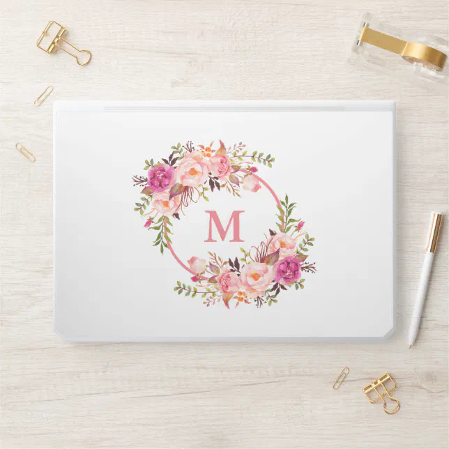 Watercolor Pink Floral Wreath Monogram HP Laptop Skin | Zazzle