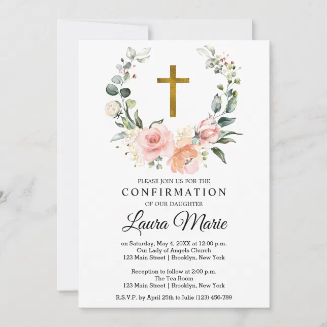 Watercolor Pink Florals Confirmation Invitation | Zazzle