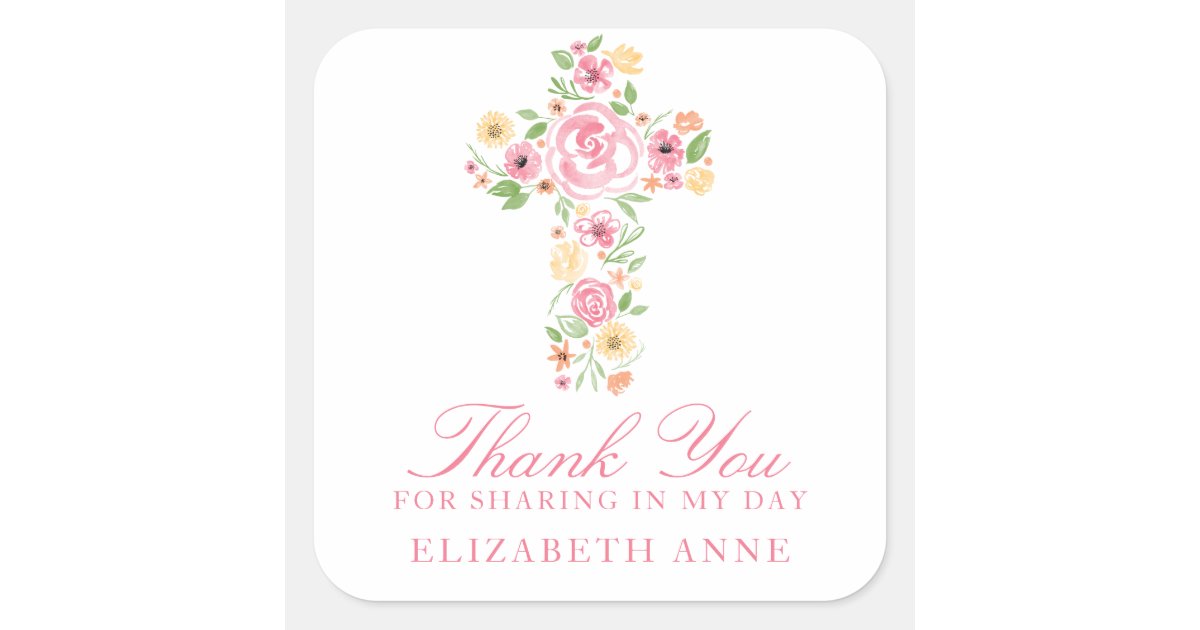 Watercolor Pink Flower Cross First Communion Square Sticker | Zazzle