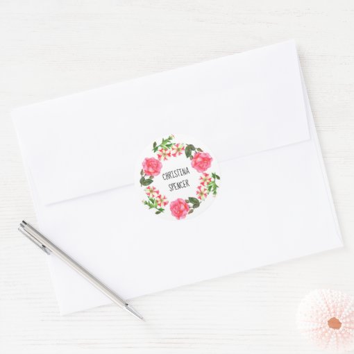 Watercolor Pink Flowers Circle Wreath Classic Round Sticker | Zazzle