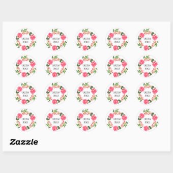 Watercolor Pink Flowers Circle Wreath Classic Round Sticker | Zazzle