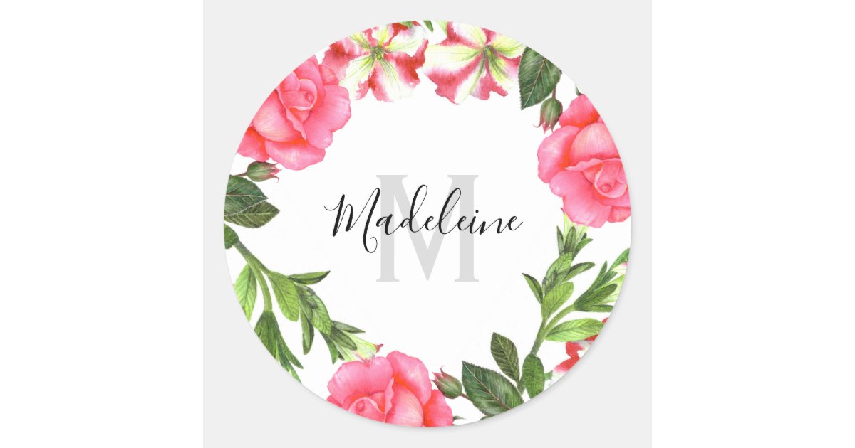 Watercolor Pink Flowers Circle Wreath Monogram Classic Round Sticker ...